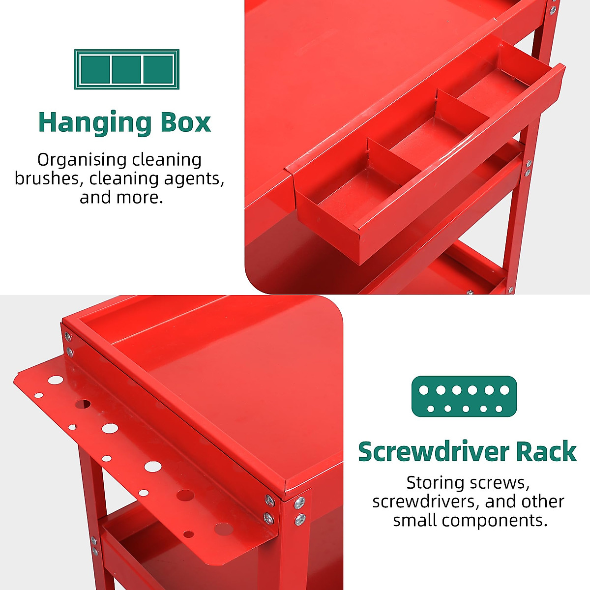 YITAHOME 3-Tier Tool Cart on Wheels, Rolling Metal Service Cart with Screwdriver Hanging Board & Storage Box, Heavy Duty Steel Utility Cart 400lbs Load Capacity for Mechanic Work Garage Warehouse Red