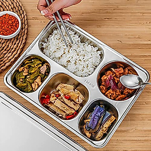 Cezoyx 4 Pack Stainless Steel Divided Trays, 5 Section Divided Dinner Plates Rectangular 304 Steel Section Control Plates for Adults, Kids, Campers, Diet Food Portion Control
