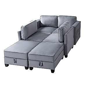 Goohome 116'' Modular Sectional, U-Shaped Velvet Convertible, Minimalist Modern 6 Seater Sleeper Couch with Chaise Ottomans, Sofa Sets, for Living Room, Bedroom, B-Dark Gray