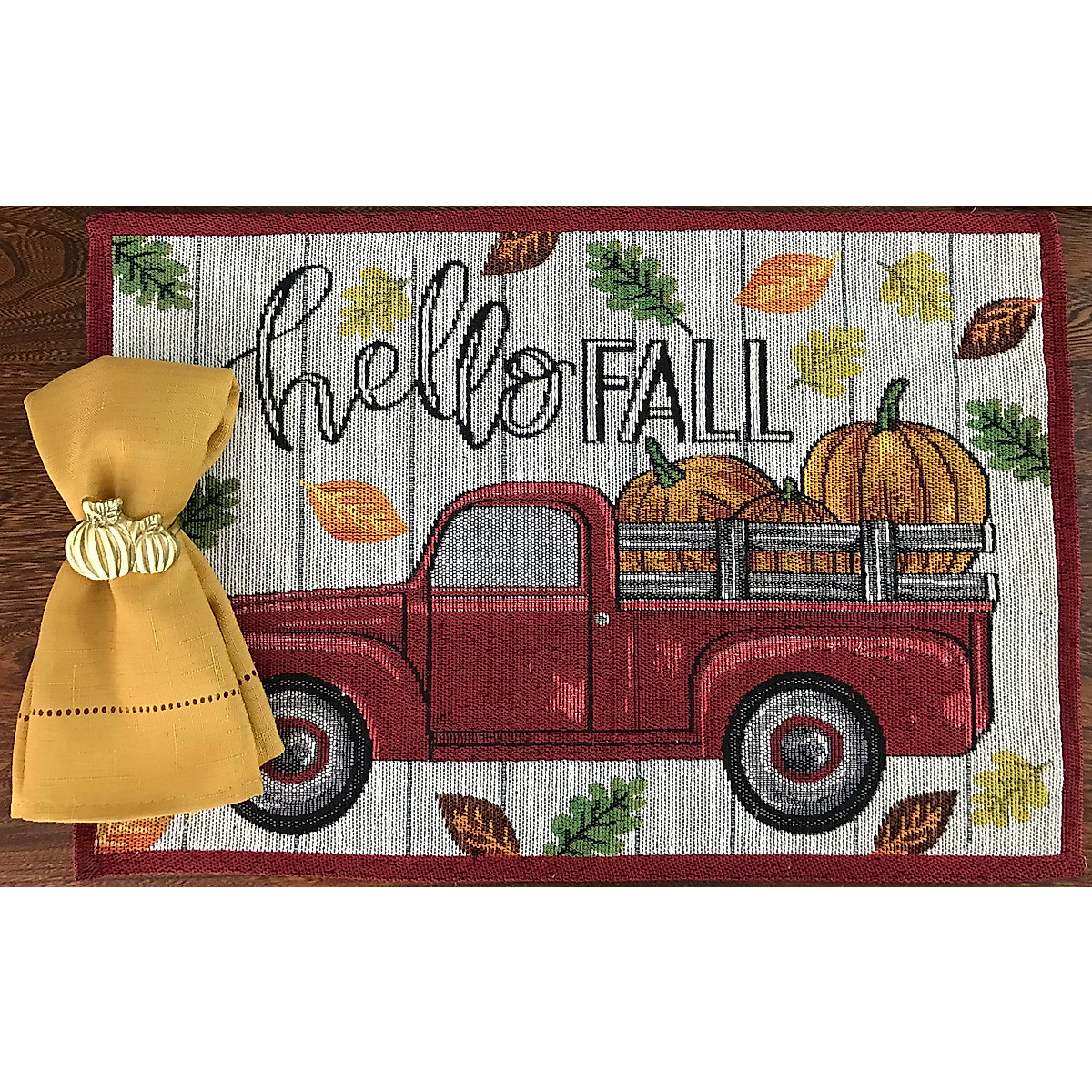 Fall Farmhouse Red Truck and Pumpkins Placemats, Hello Fall Set of Six (6) Colorful Tapestry Weave Fabric, for Holiday's, Thanksgiving, Autumn and Fall