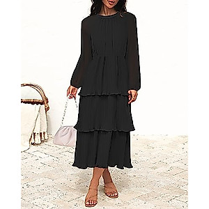 ZESICA Women's 2023 Long Sleeve Crew Neck Ruffle Tiered Layered Chiffon Flowy Swing Long Midi Dress,Black,Large