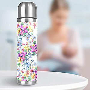 Stainless Steel Leather Vacuum Insulated Mug Flowers Thermos Water Bottle for Hot and Cold Drinks Kids Adults 16 Oz