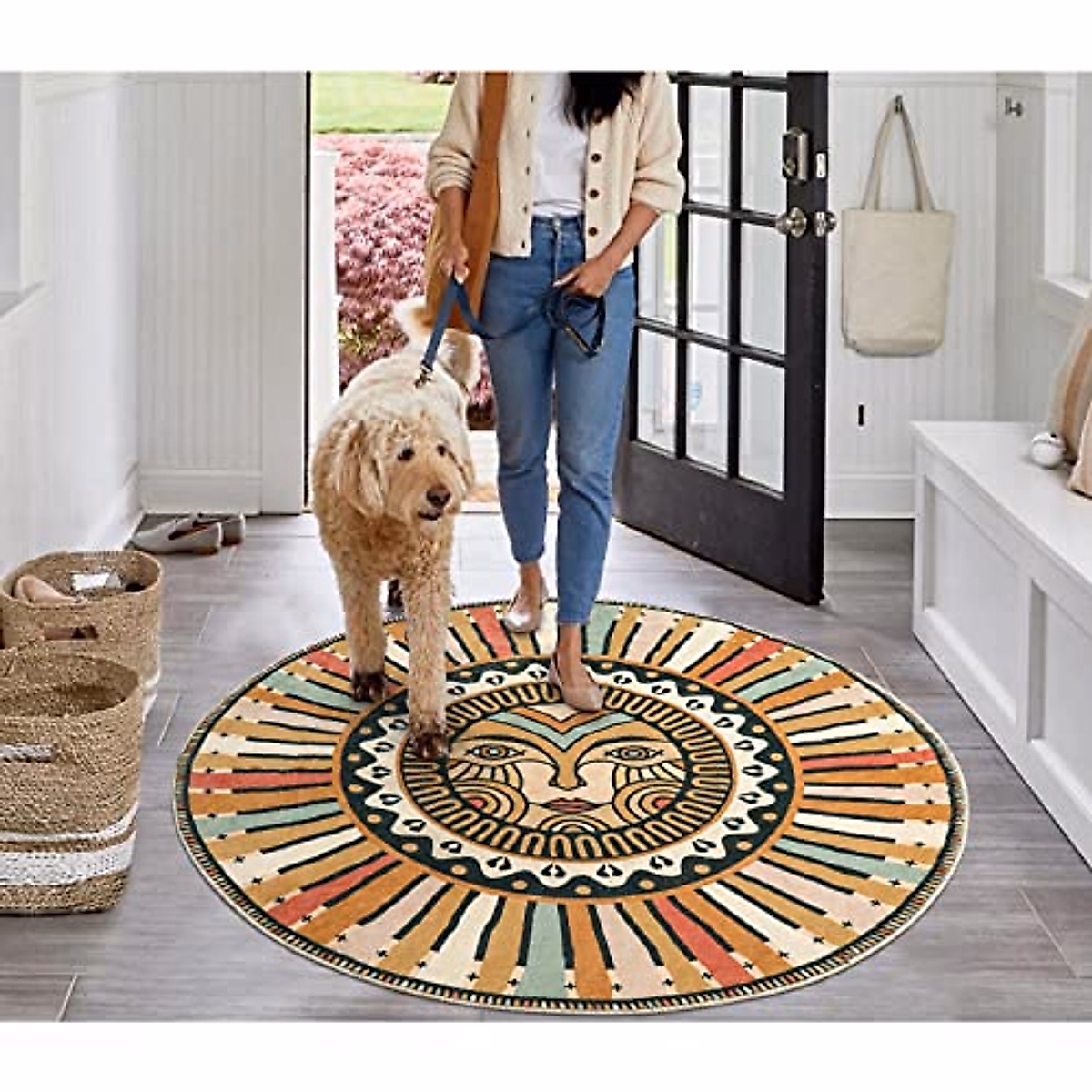 Sungea Retro Sun Round Rug for Bedroom, 4ft Soft Circle Washable Area Rug, Entryway Non-Slip Low Pile Throw Rugs, Carpet for Sofa Nursery Living Dining Room