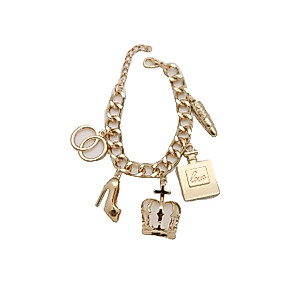 TrendyFashionJewelry Women Gold Queen Crown Bracelet - Metal Chain Fashion Lipstick Perfume Infinity Shoe Charm