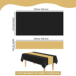 PLULON 12 Pack Plastic Tablecloth and Satin Table Runner Set Black Rectangle Table Cover Gold Table Runner for Wedding Birthday Halloween Graduation Party Picnic Kitchen Dinning Table Decorations