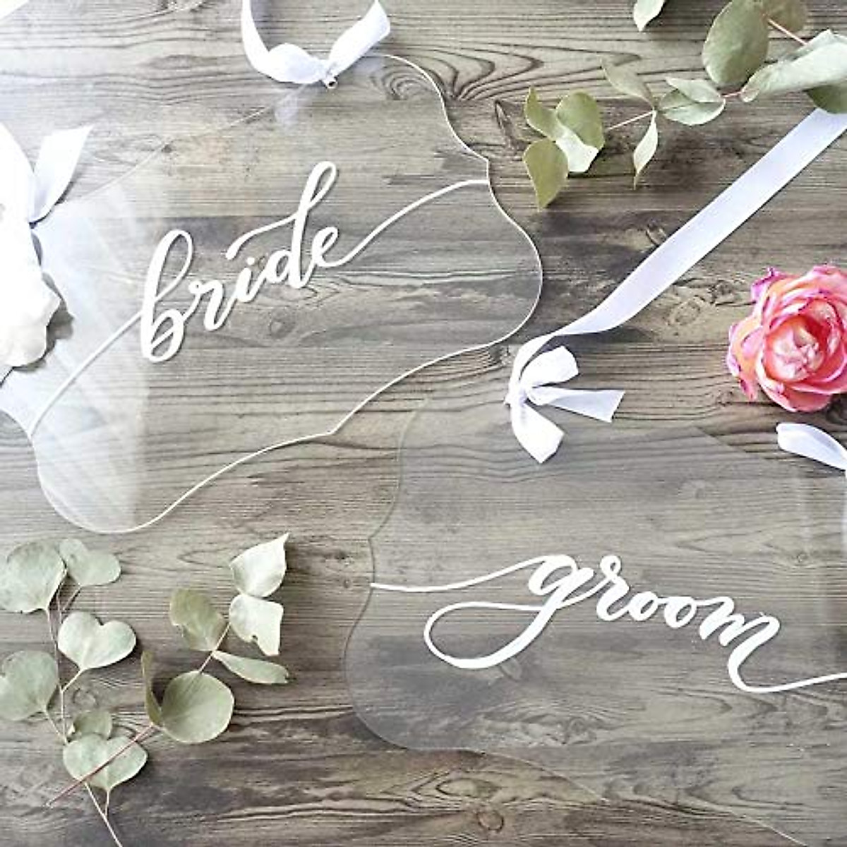 UNIQOOO Custom DIY Clear Blank Acrylic Hanging Sign | Elegant Wedding Chair Signs w/White Satin Ribbon for Bride & Groom | Perfect for Calligraphy Lovers Home Retail Store Party, 8x12 inch, Set of 4