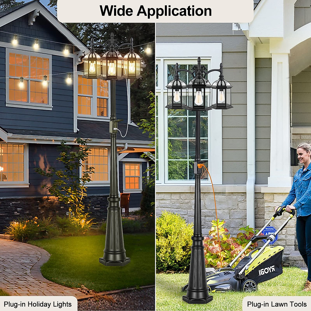 Dusk to Dawn Outdoor Lamp Post Light with GFCI Outlet, Triple Head Aluminum Street Light Post for Outside with Sensor, Waterproof Birdcage Pole Lighting Fixture for Backyard Garden Patio Driveway