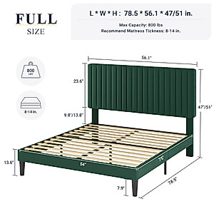 Allewie Full Bed Frame, Velvet Upholstered Platform Bed with Adjustable Vertical Channel Tufted Headboard, Mattress Foundation with Strong Wooden Slats, Box Spring Optional, Easy Assembly, Green