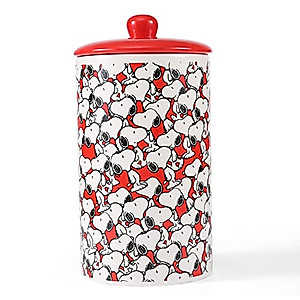 Peanuts for Pets Snoopy Dog Treat Jar | 10 x 5 Snoopy Repeating Pattern Ceramic Dog Treat Jar with Lid, Dishwasher Safe Red and White Dog Food Storage Cylinder, (FF17834)