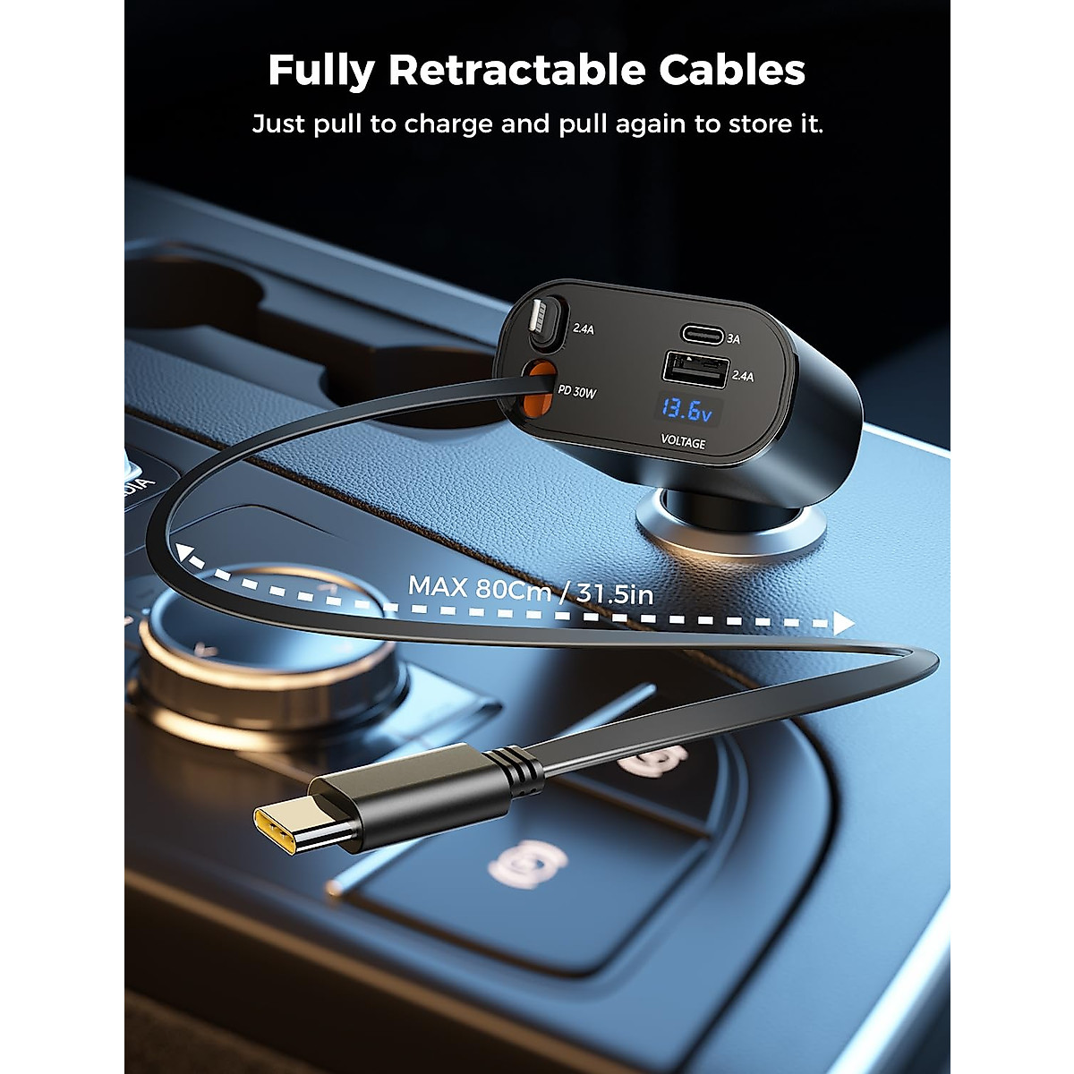 【Upgraded】 SUPERONE Retractable Car Charger 4 in 1, Fast Car Phone Charger with Cord 2.6ft, USB C and Lightning Car Charger Adapter, Compatible with iPhone 15/15 Pro Max/14/13/12/11, Galaxy, Pixel