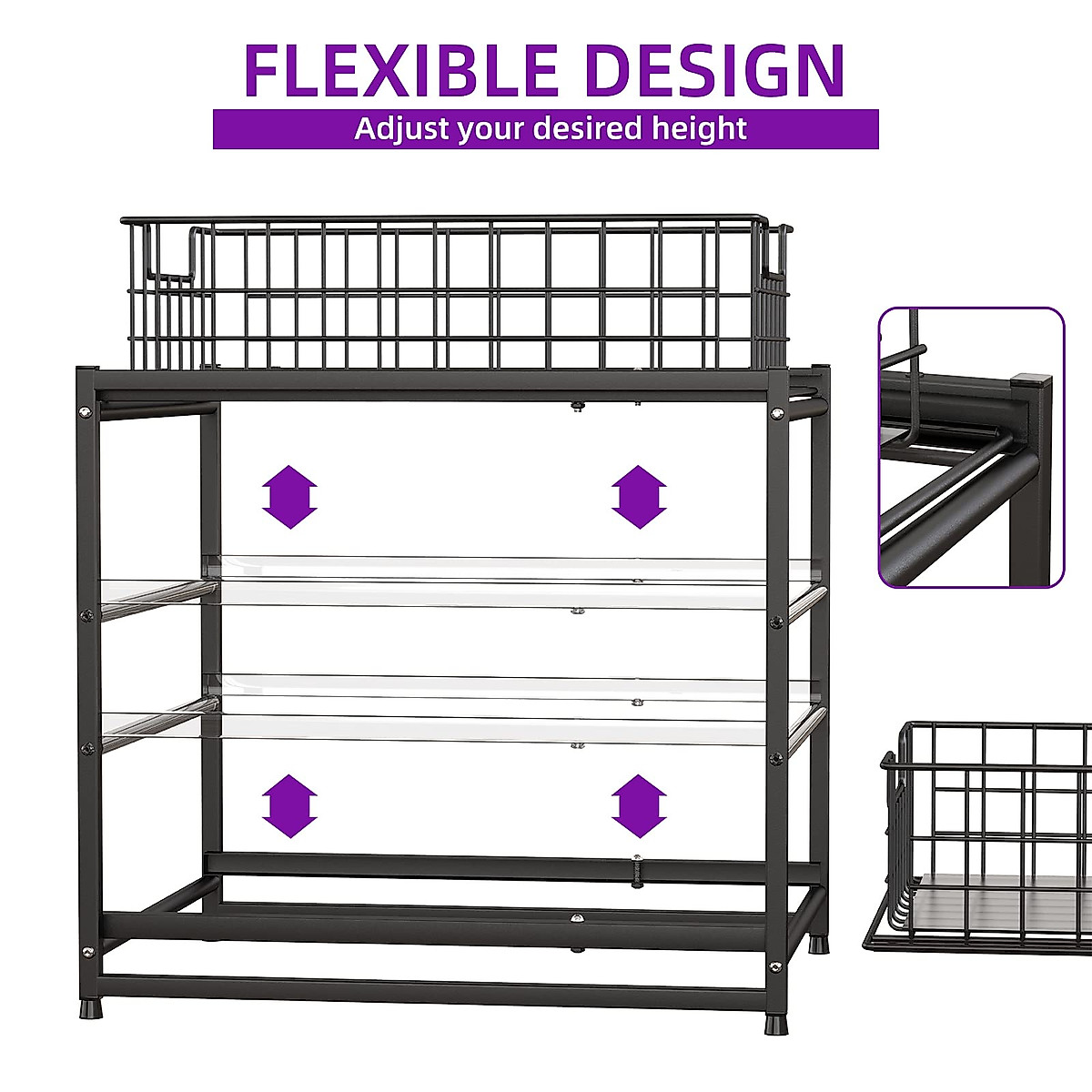 FixOwl Under Cabinet Sink Organizer with Sliding Drawer Under Bathroom Sink Storage Stackable Adjustable Height 2 Tier Countertop Organizer, 1 Pack, Black