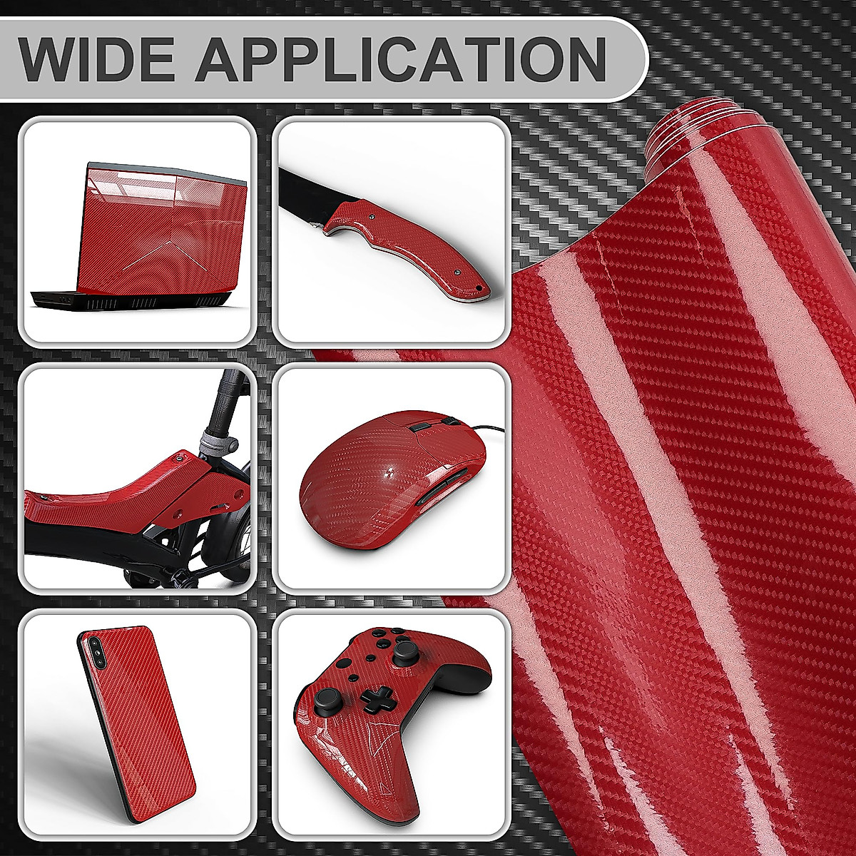 Lypumso 6D Carbon Fiber Vinyl Wrap Roll, Glossy Car Wrap Film Featuring Bubble Free Air Release Technology, Car Moto DIY Interior Exterior Decoration (Carbon Fiber Red, 1ft x 5ft)