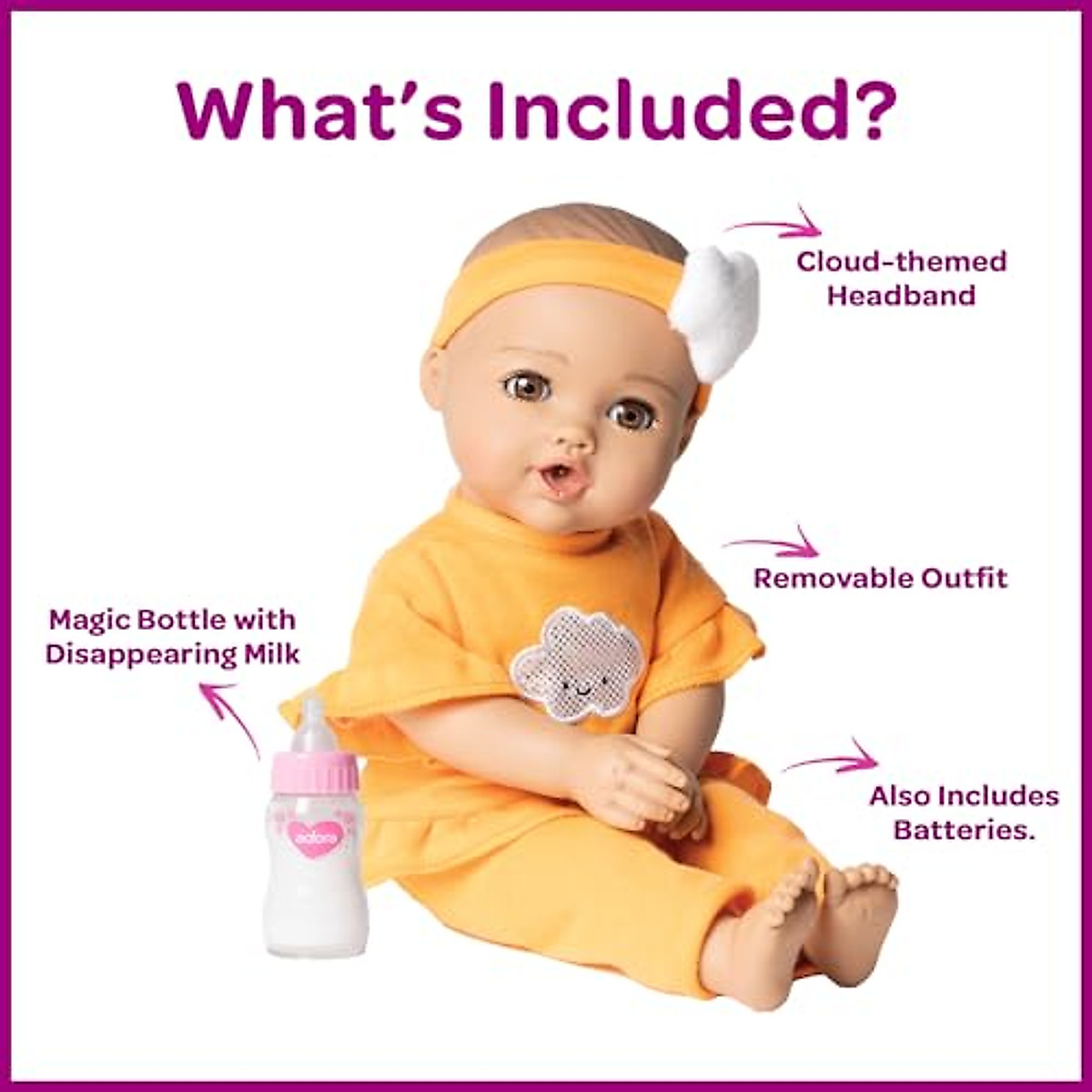 Adora Nurture Time Babies Collection, 13" Baby Doll and Clothes Set with 3 Touch Activated Features Includes Removable Cloud Patterned Outfit, Doll Bottle, Birthday Gift For Ages 1+ - Sweet Orange