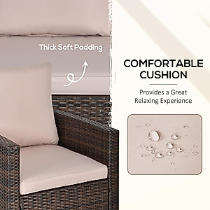 Outsunny 6 Piece Patio Dining Set, PE Rattan Furniture Set with 2 Chairs Cushions & Outdoor Three Seat Sofa, Woodgrain Slatted Dinner Table, Beige