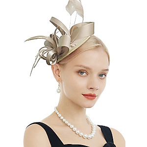 Fascinator Hats For Women Feather Cocktail Party Hats Bridal Kentucky Derby Headband (Light Khaki)
