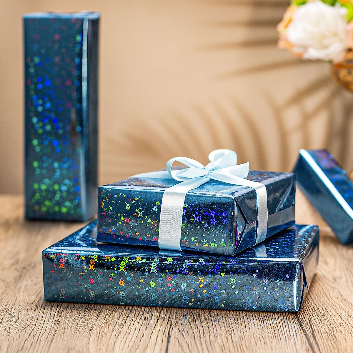 Merture 17 In X 32.8 Ft (46.5 sq.ft.) Holographic Space Wrapping Paper Roll, Blue Gift Wrap with Shining Galaxy Design for Birthday, Christmas, Father's Day, Halloween