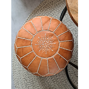 Premium Moroccan Leather Pouf - Handmade - Delivered Stuffed - Ottoman, Footstool, Floor Cushion (Natural)