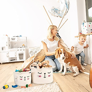 Bigepige Cat Decorative Baby Toy Storage Basket with Handle, Cotton Rope Blanket Basket for Cat Lovers Gift, Stuffed Animal Storage Bin, Cute Kids Laundry Nursery Hamper Organizer (White3, Medium)