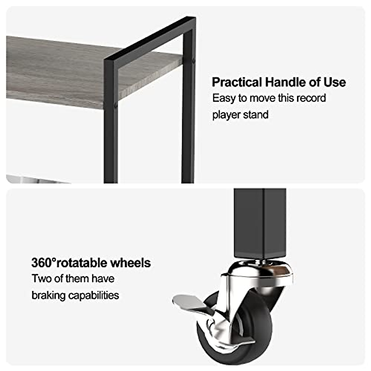 YBING Record Player Stand with Record Storage Vinyl Record Storage Table 2-Tier Turntable Stand Record Display Table with Wheels, Gray