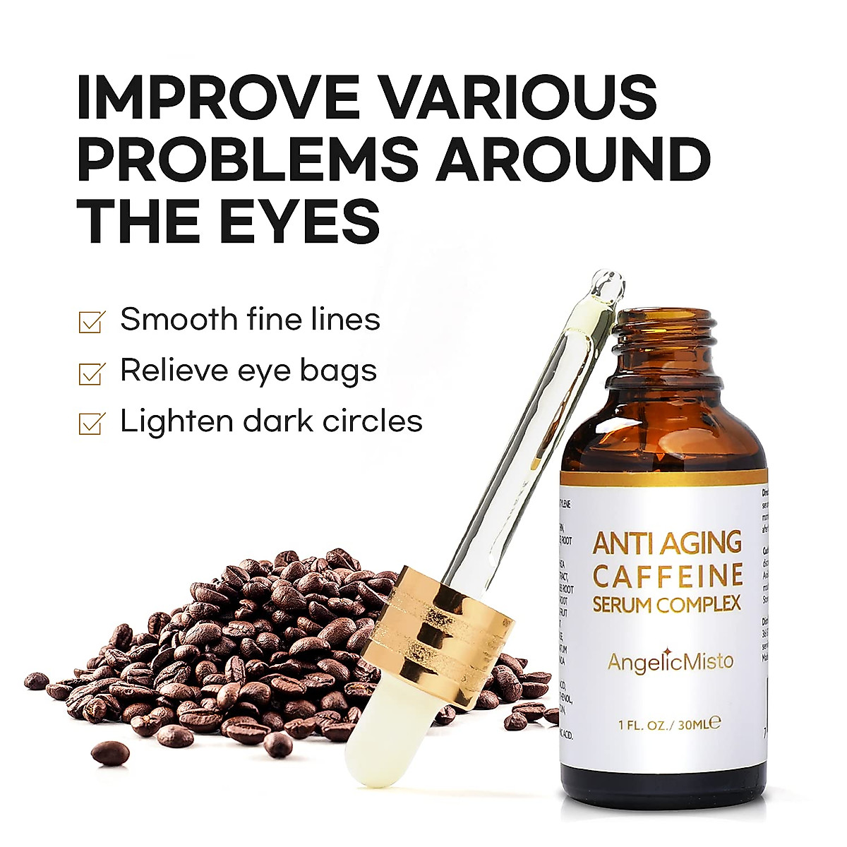 AngelicMisto Caffeine Eye Serum, Caffeine Eye Cream for Dark Circles and Puffiness, Eye Serum Under Eye Treatment, Anti Aging Eye Cream for Wrinkles, Dark Eye Bags and Circle Remover 1oz