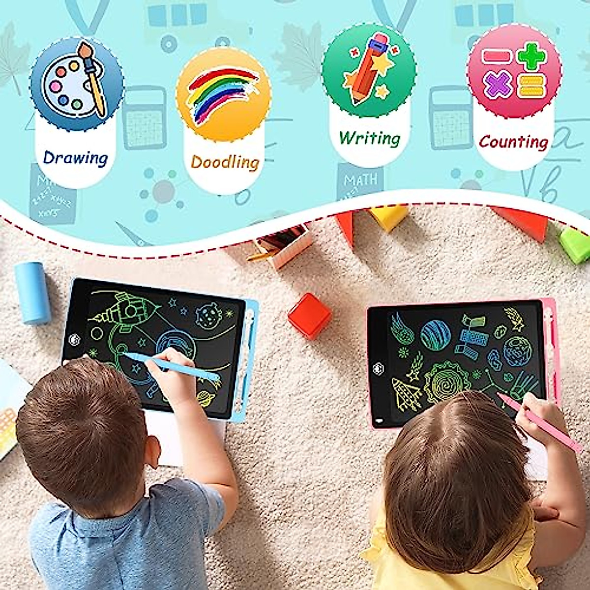 2 Pack LCD Writing Tablet, 8.5 Inch Writing Tablet for Kids, Colorful Screen Doodle Board, Erasable and Reusable Digital Drawing Tablet, Learning Educational Toys for Girls Boys, Blue+Pink