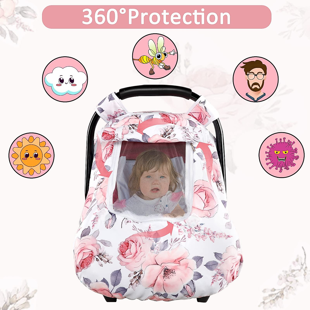 Car Seat Covers for Babies, Car Seat Headrest & Strap Cover, Winter Carseat Cover Girls, Pink Floral