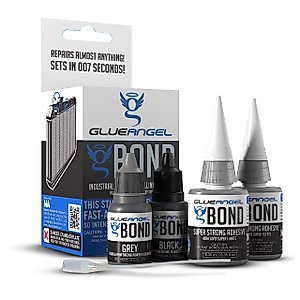 GlueAngel Heavy Duty Super Glue Kit for Hard Plastics and Metal. includes Black and Gray Gap Filling/Reinforcing Powders and CA Glue Nozzle Extender