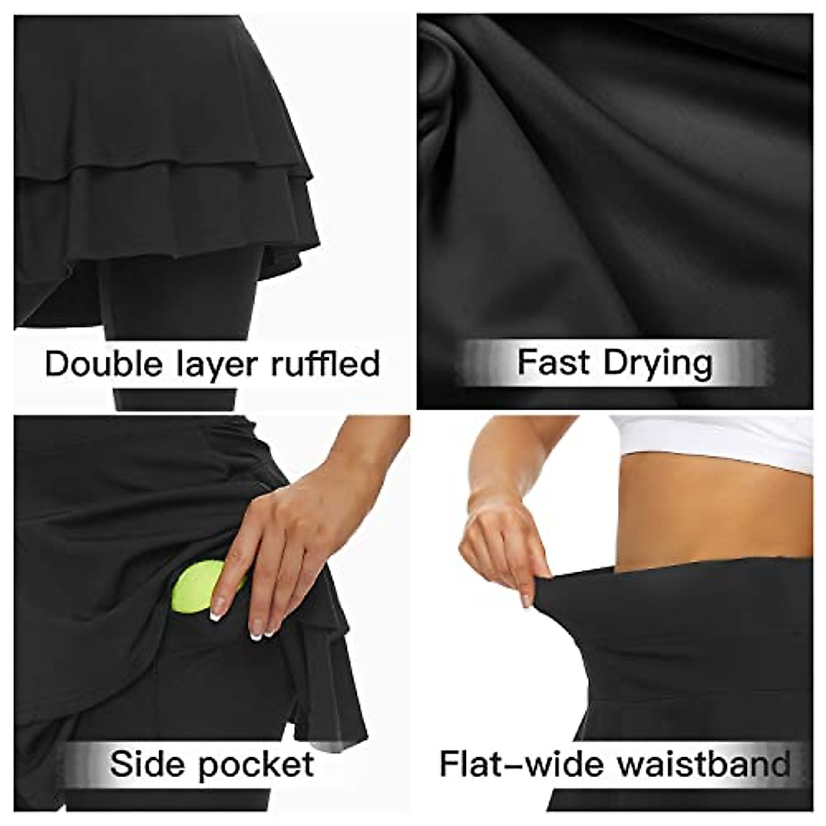 WOWENY Tennis Skirted Leggings with Pockets for Women Golf Skapri Leggings with Skirt (M, 2-Layer Black)