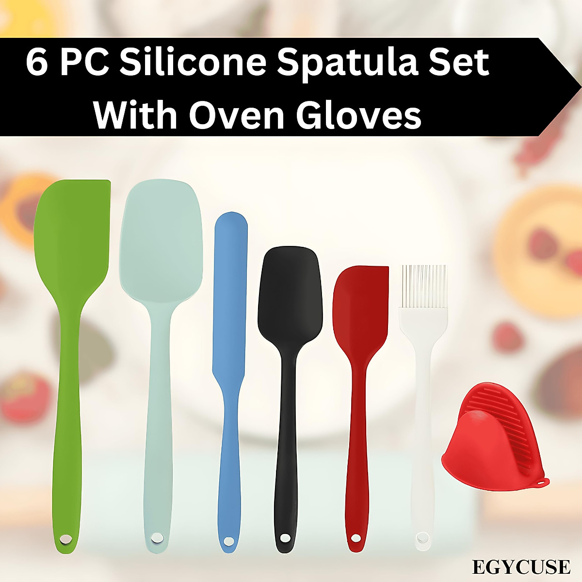 EGYCUSE Food Grade Silicone Spatula, Mixing High Heat Resistant Non Stick, Silicone Rubber Spatula Set for Baking, Cooking, Dishwasher Safe BPA-Free, with mini rubber oven gloves Set of 6 (Mix)