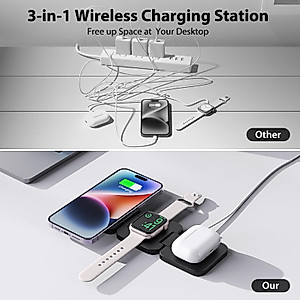KU XIU X55 Fast Wireless Charger, Magnetic Foldable 3 in 1 Charging Station for iPhone 15/14/13/12/Pro/Plus/Pro Max, 5W Portable Charger for Apple Watch9/8/7/6/5/4/3/2/SE, for Airpods3/2/Pro-Black