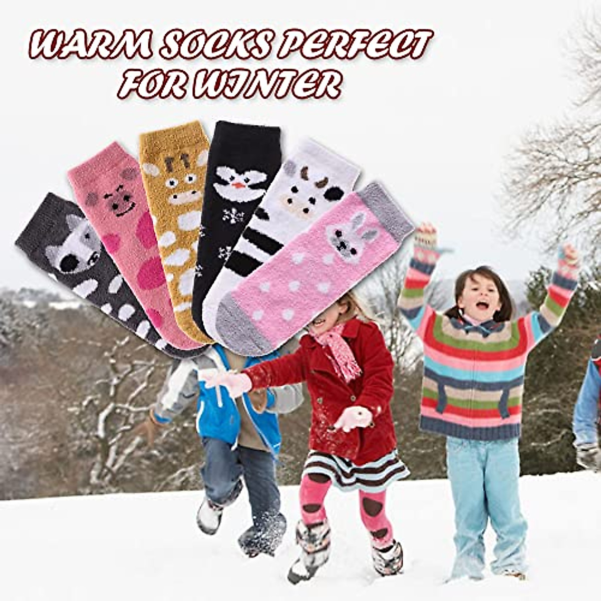 Color City Kids Non Slip Fuzzy Socks Toddlers Boys Girls with Grips Anti-Slip Cozy Fluffy Winter Warm Slipper Socks (6 Pairs Animal D, 4-7 Years)