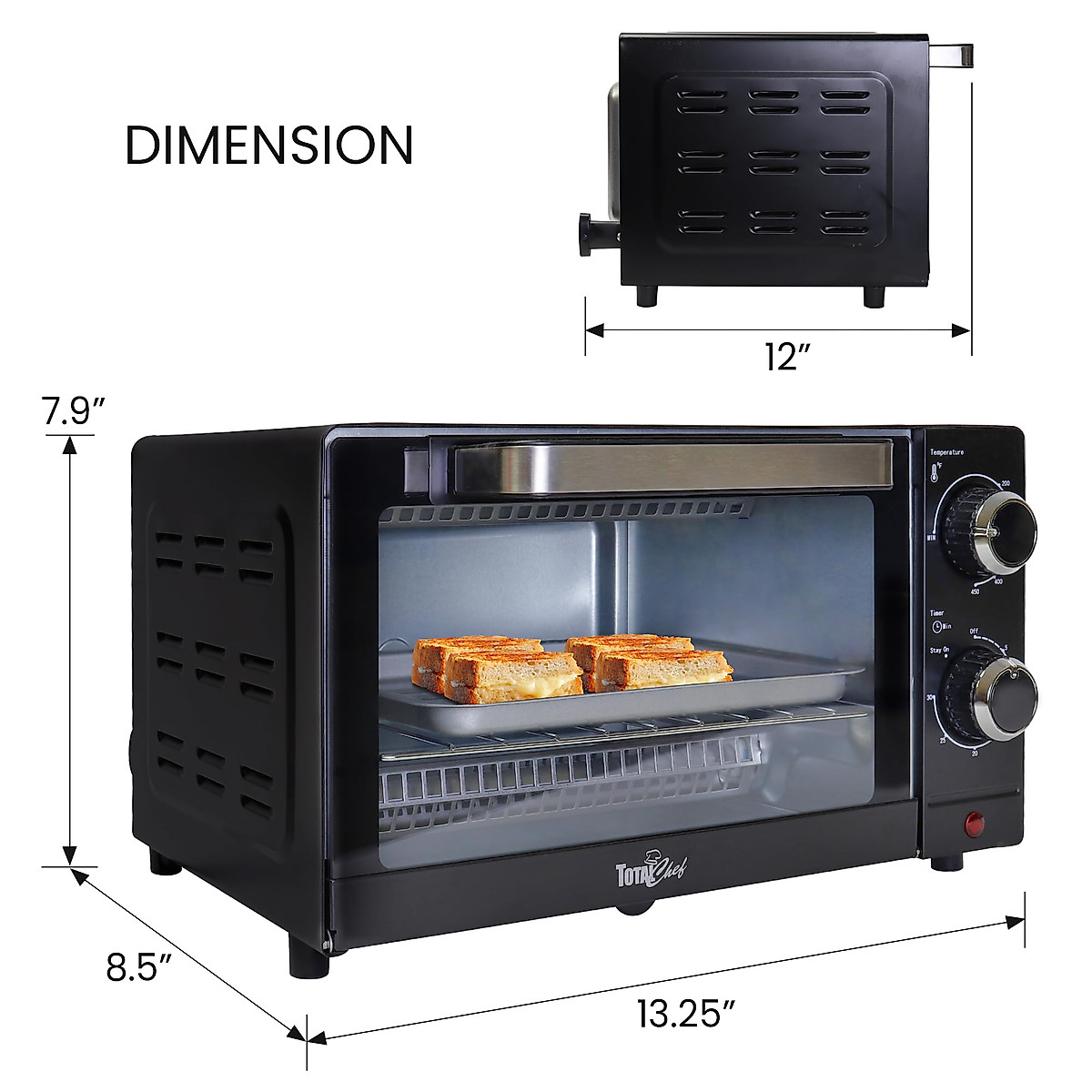 Total Chef 4-Slice Toaster Oven, 1000W, Black Compact Countertop Oven with Natural Convection, Temperature Control Dial, 30 Minute Timer, Bake, Toast, Roast, Includes Baking Pan and Toasting Rack