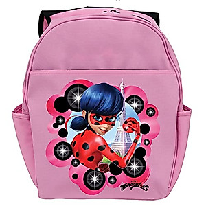 Miraculous Ladybug Personalized Backpack with Custom Name Printed on Pink Book Bag | Zippered Compartments and Side Water Bottle Pockets | Youth Size School Bag
