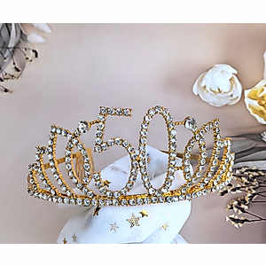 Dgasin 50th Birthday Tiara and Sash Happy 50th Birthday Party Supplies 50 Fabulous Black Glitter Satin Sash and Crystal Tiara Princess Birthday Crown for Women 50th Birthday Party Decorations