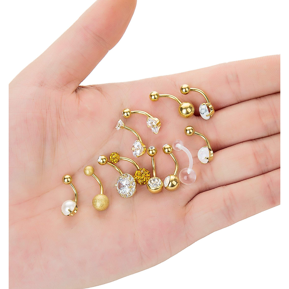 Masedy 12Pcs Belly Button Rings for Women Surgical Steel Curved Navel Barbell Rings Body Piercing Jewelry Gold