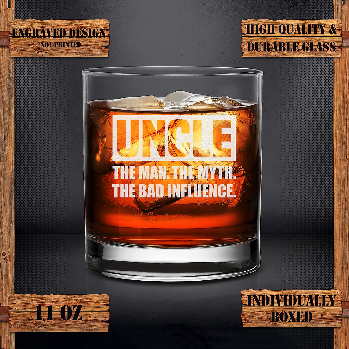 NeeNoNex Uncle The Man The Myth The Bad Influence Whiskey Glass - Sarcastic Gift for Uncles