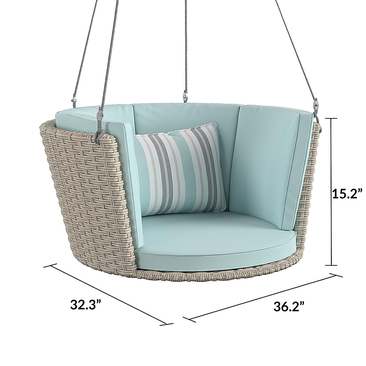 Novogratz Poolside Gossip Collection, Sally Patio Swing, Aqua Haze Cushions, Light Taupe Wicker