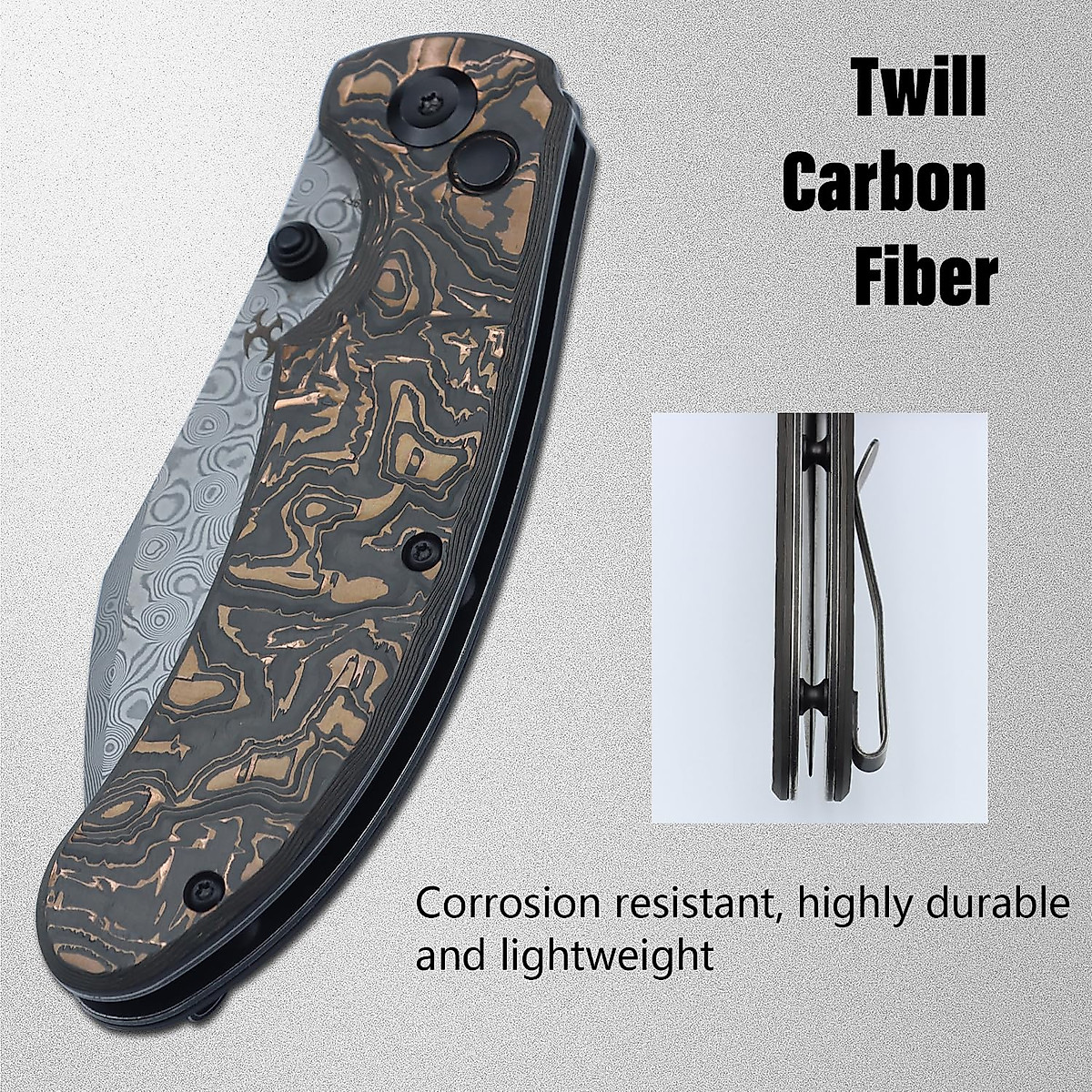 KANSEPT Nesstreet Button Lock Pocket Folding Knives for Men EDC Camping Folding Knife 3.58'' Damascus Material Pocket Folding Knife with Copper Carbon Fiber Handle Everyday Carry Folding Knife K1039F7