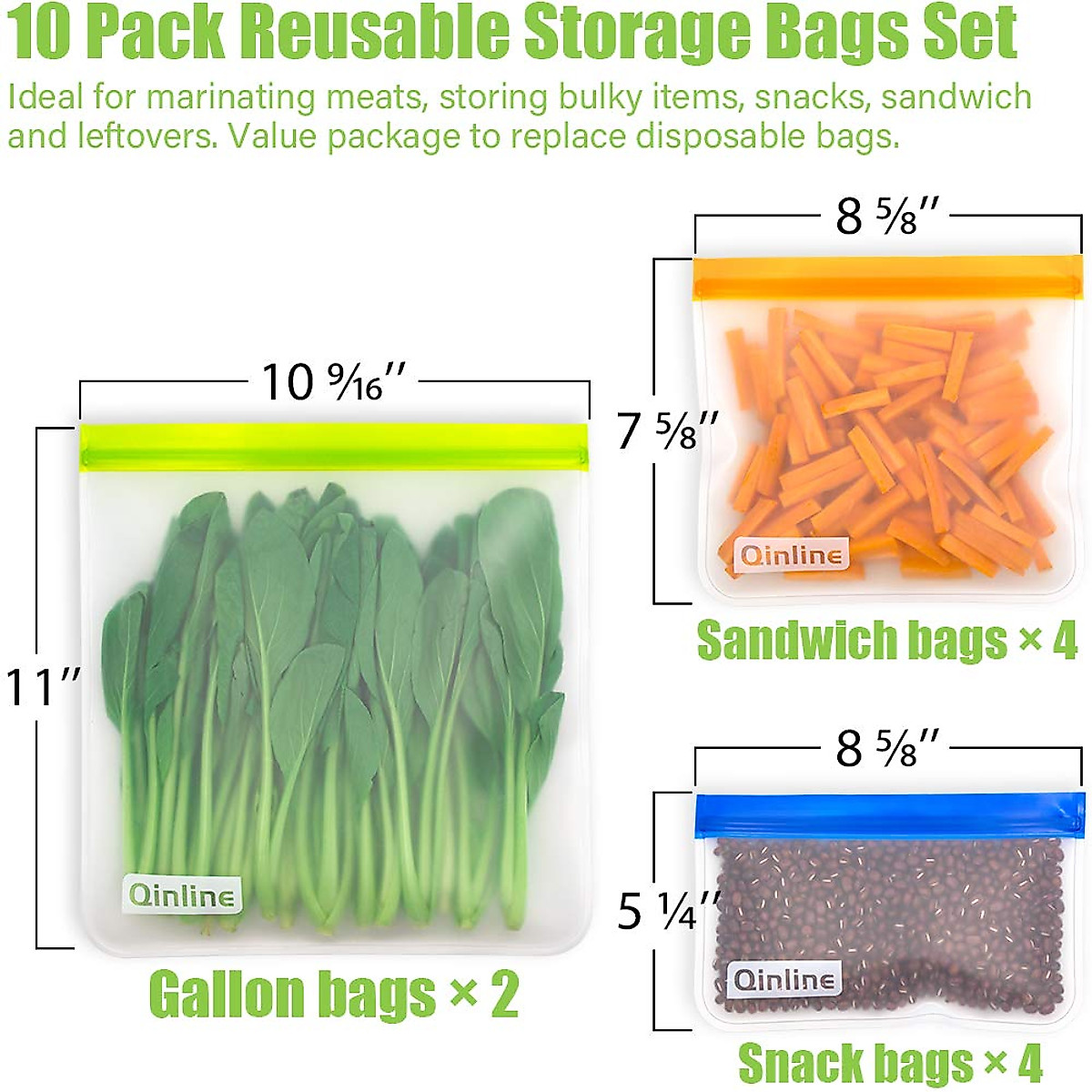 Qinline Reusable Food Storage Bags - 10 Pack Freezer Bags, BPA Free Reusable Bags Silicone, Extra Thick Leakproof Reusable Lunch Bag for Salad Fruit Snack Travel - 2 Gallon 4 Sandwich 4 Snack Bags