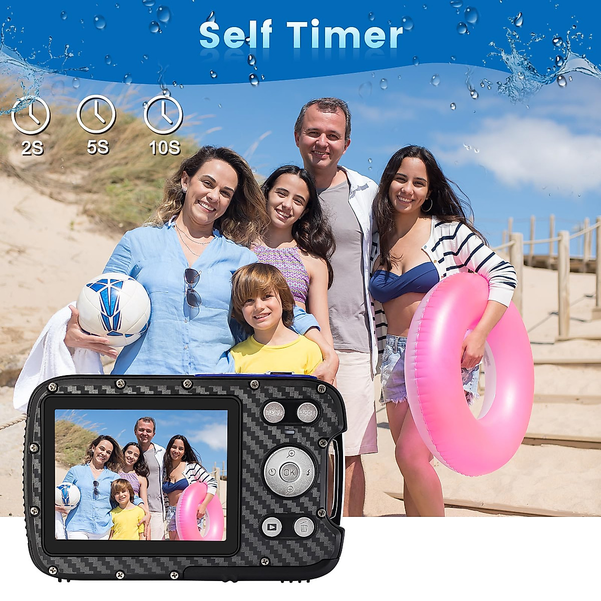 YEEIN Digital Camera 30MP Kids Digital Camera with 32G SD Card and Rechargeable Battery, 18X Digital Zoom Compact Portable Digital Camera for Snorkeling Swimming Blue, 8026BU