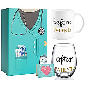 PUGED Before Patients After Patients Gift Package Set 11 oz Coffee Mug and 18 oz Stemless Wine Glass for Dentist Unique Nurses Day Graduation Gifts