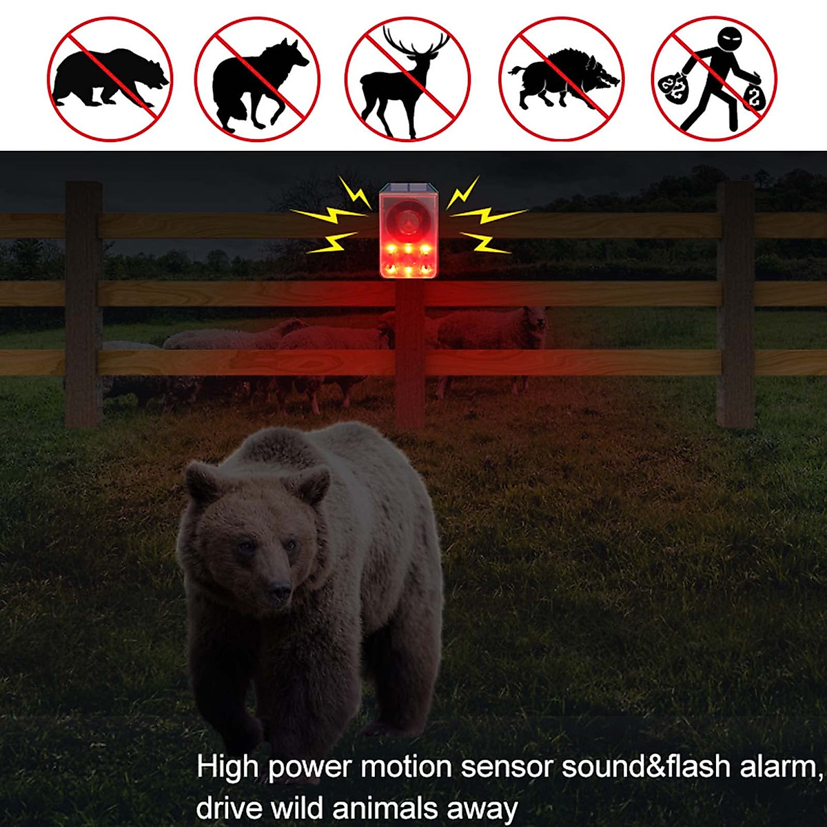 LAFEINA Solar Sound & Strobe Light Alarm Motion Detector, Gunshot & Dog Barking & Recording, Record 20S Custom Message Siren Security Alert System for Farm Barn Villa (1)