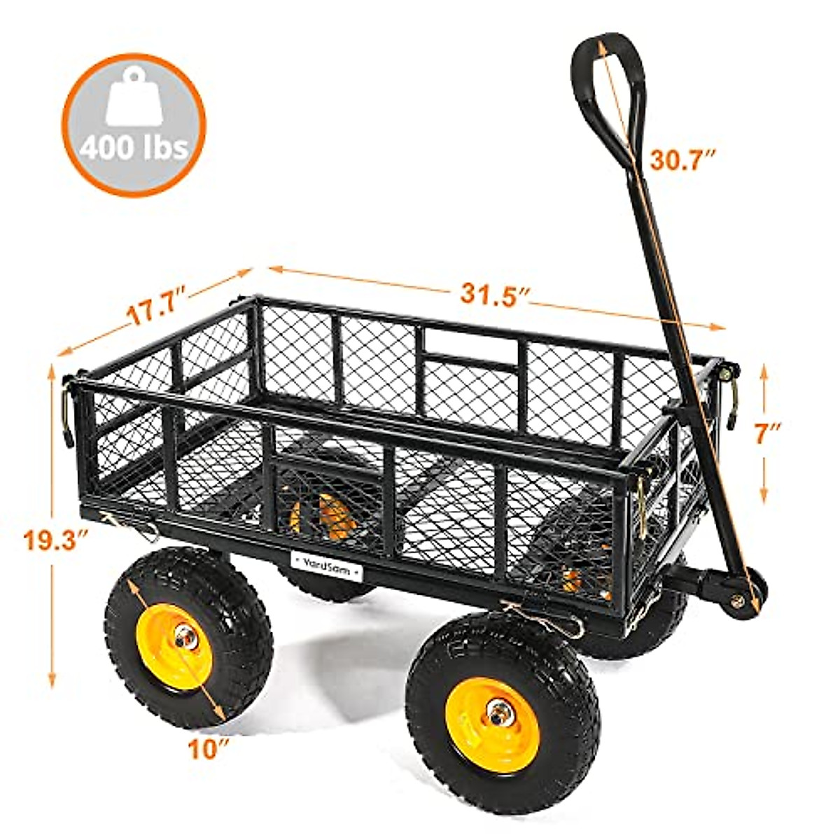 Yardsam Heavy Duty Steel Garden Cart with No-Flat Tires and Liner, 400Lb Capacity Lawn Yard Wagon with Flat-Free Tire Solid Wheels and Removable Sides for Outdoor, Gardening, Farm, Ranch - Black