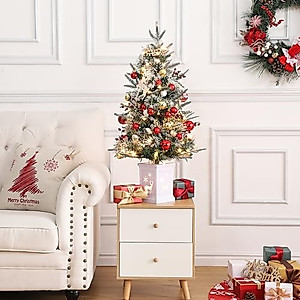 3ft Mini Prelit Premium Snow Flocked Artificial Christmas Tree, Pre-lit Xmas Pine Tree for Christmas Decoration, Party Decoration, Home, Office, White Base (White Base-elk, 3FT)
