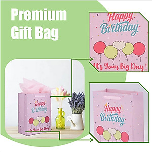 RNORRI Pink Gift Bag Large, Birthday Gift Bag For Girl, Happy Birthday Bag With Handles, Pink Birthday Bag For Girl, Party, Birthday, Baby Shower, Woman - 10x13x5 Inch