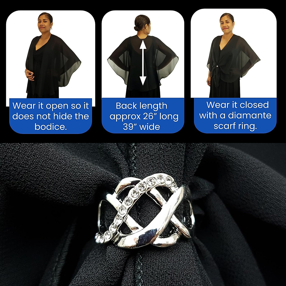 eXcaped Womens Evening Wrap Sheer Chiffon Cape and Silver Scarf Ring Set -Black