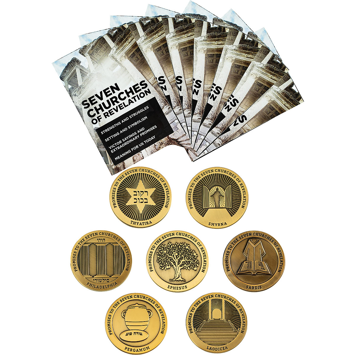 Bible Study Set, The Seven Churches of Revelation, 7 Study Booklets & 7 Challenge Coins, Bulk Bible Study Supplies for Men & Women, Christian Group Devotional Gift Set, Early Church Life Applications