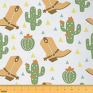 Cactus Fabric by The Yard, Cowboy Boots Upholstery Fabric, Geometric Decorative Fabric, Tropical Desert Indoor Outdoor Fabric, Shoes Triangle Floral DIY Art Waterproof Fabric, Green Brown, 1 Yard