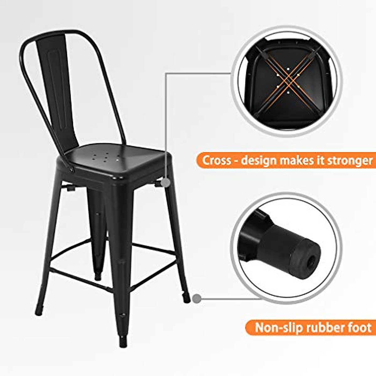 Metal Bar Stool Set of 4 Counter Height Barstool with Back 24 Inches Seat Height Industrial Bar Chairs Patio Stool Stackable Modern Kitchen Stool Indoor Outdoor Metal Bar Stool Kitchen Stools (Black)