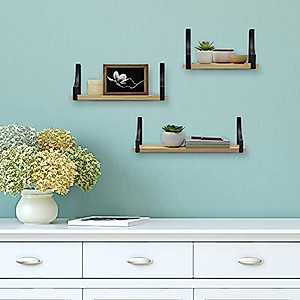 MELANNCO Floating Wall, Wood and Curve Metal Shelves, for Bedroom, Living Room, Kitchen, Nursery, Set of 3, Natural